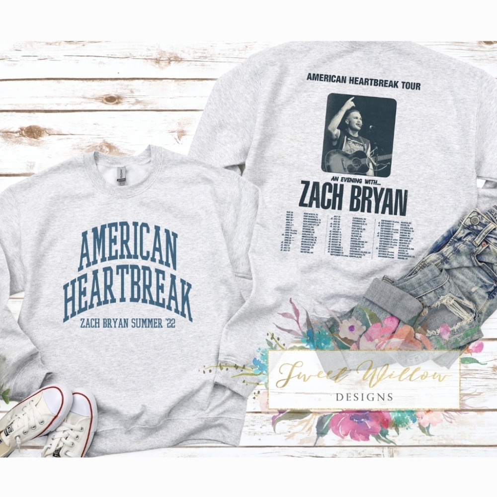 Zach Bryan American Heartbreak Tour Double Sided Crew… - Gem